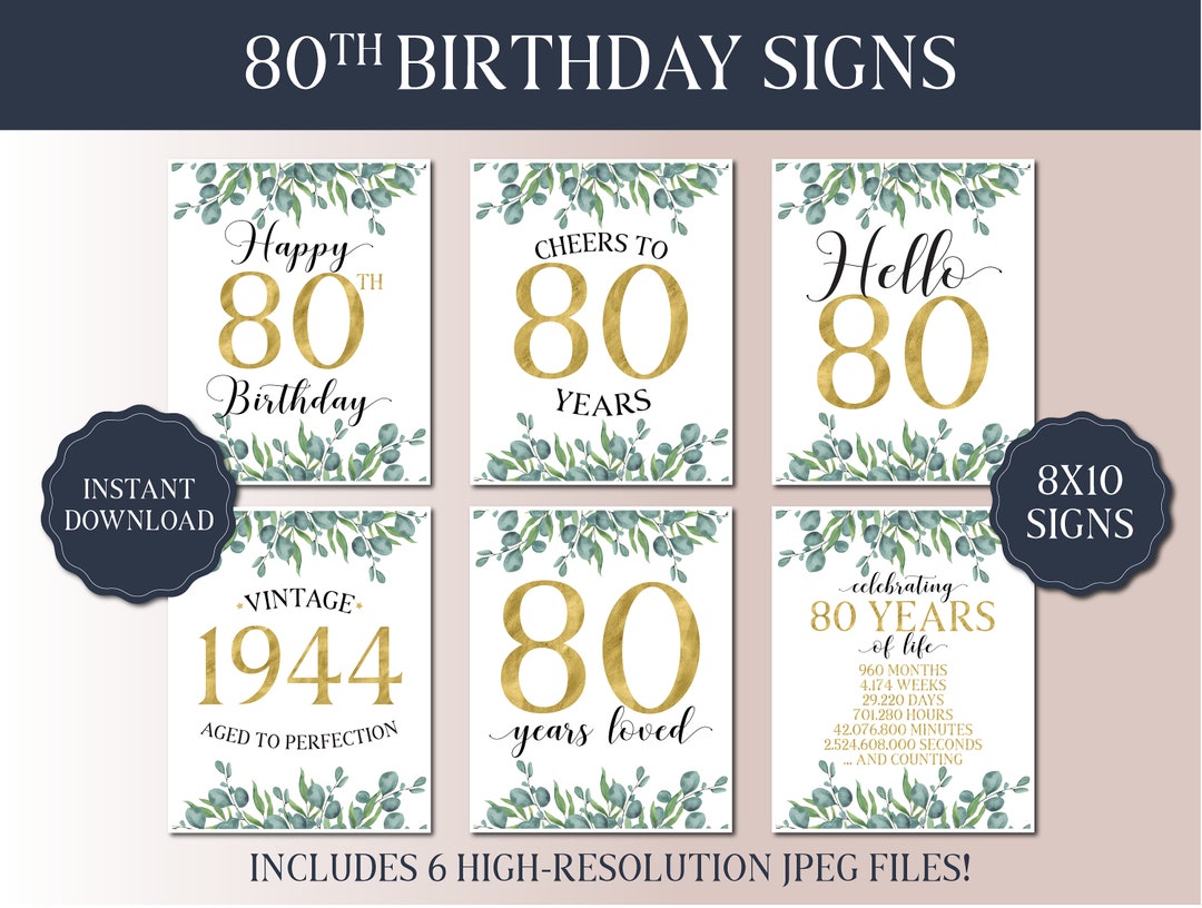 80th Birthday Signs Bundle Greenery Garden Party 2024 Instant Download ...