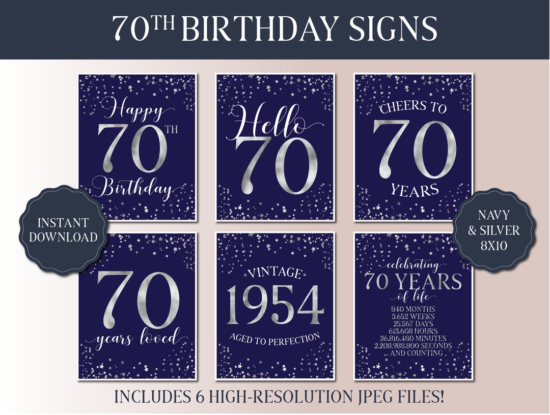 70th Birthday Signs Bundle Navy and Silver Party 2024 Instant Download ...