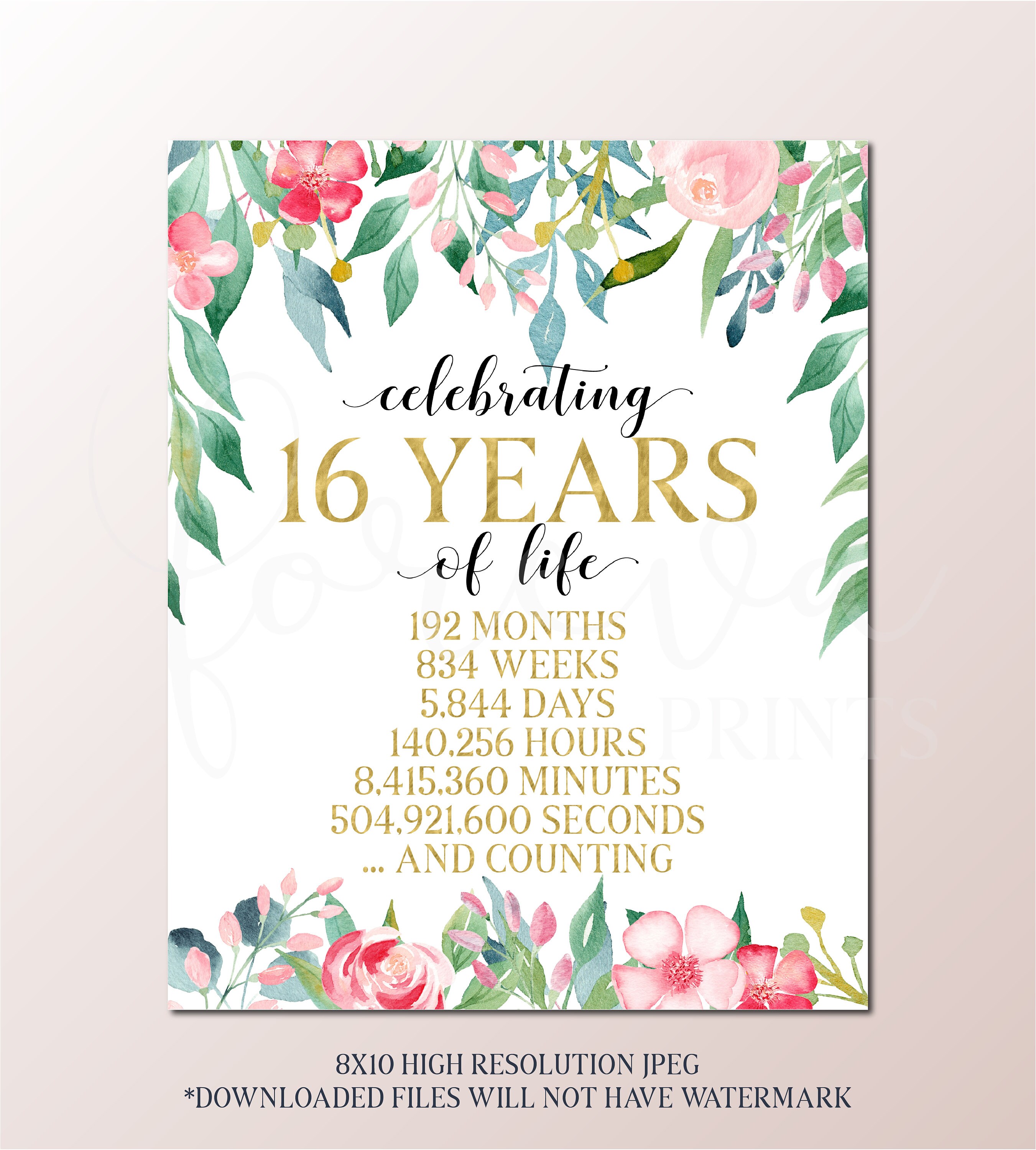 16th Birthday Printable Signs Bundle - Flower Watercolor - Sweet 16 ...