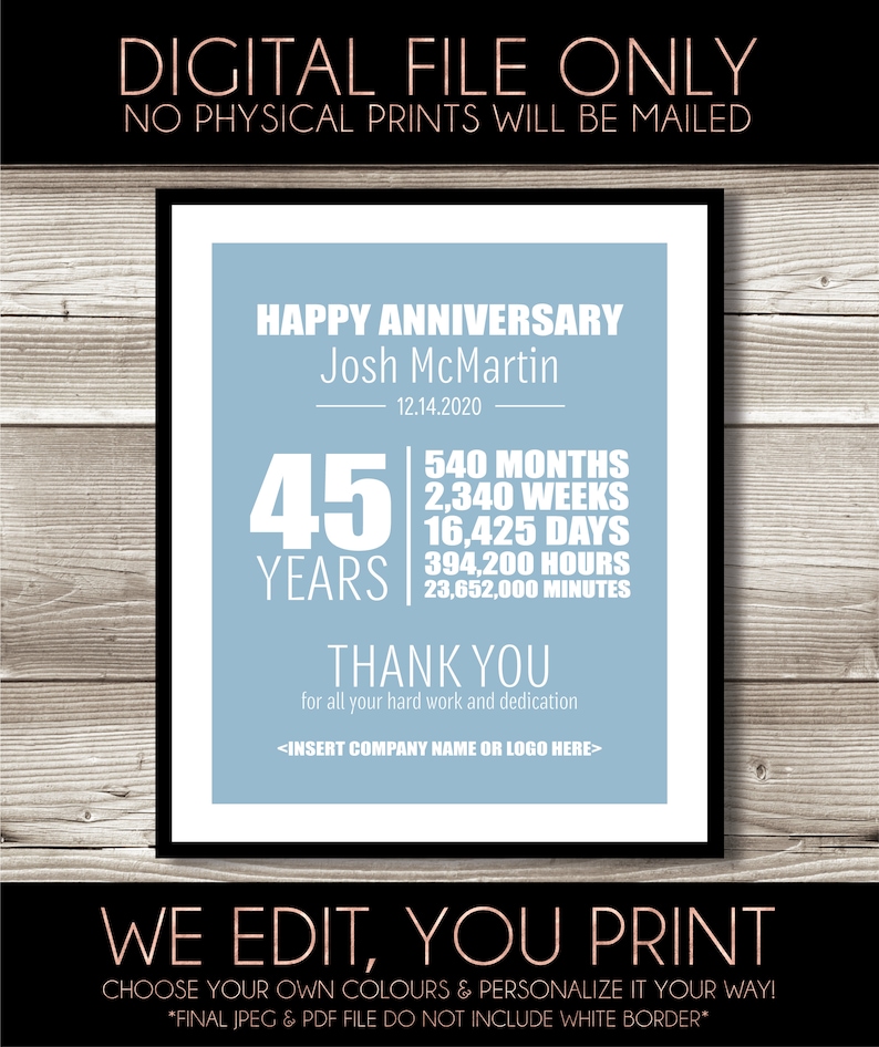 45 Year Work Anniversary Print Gift Idea Customizable Thank | Etsy