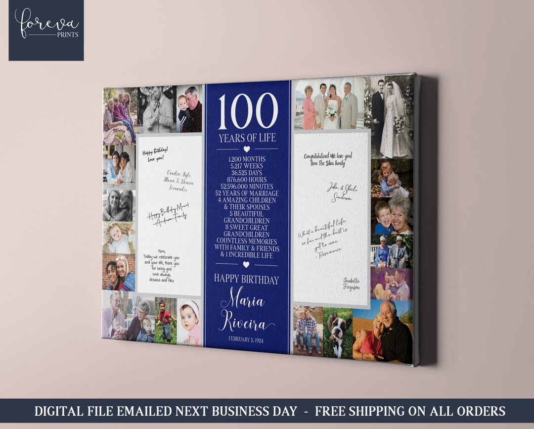 100th Birthday Photo Guestbook - 100 Years Custom Collage Guest Book ...