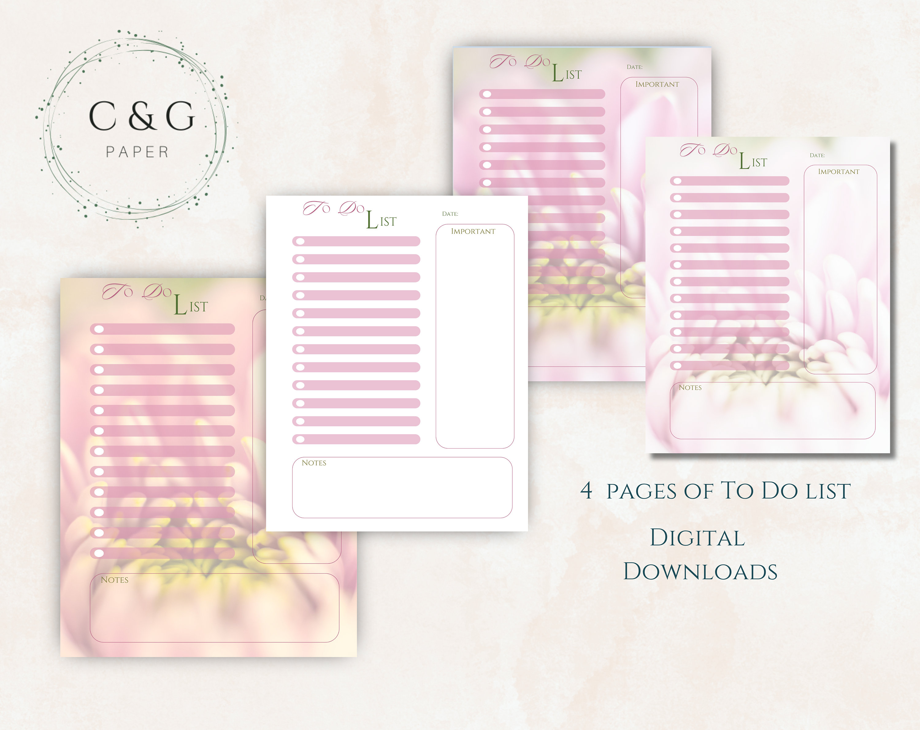 Pink Flower Digital To-do List Printable Set | 4 Pages | PDF & JPEG ...