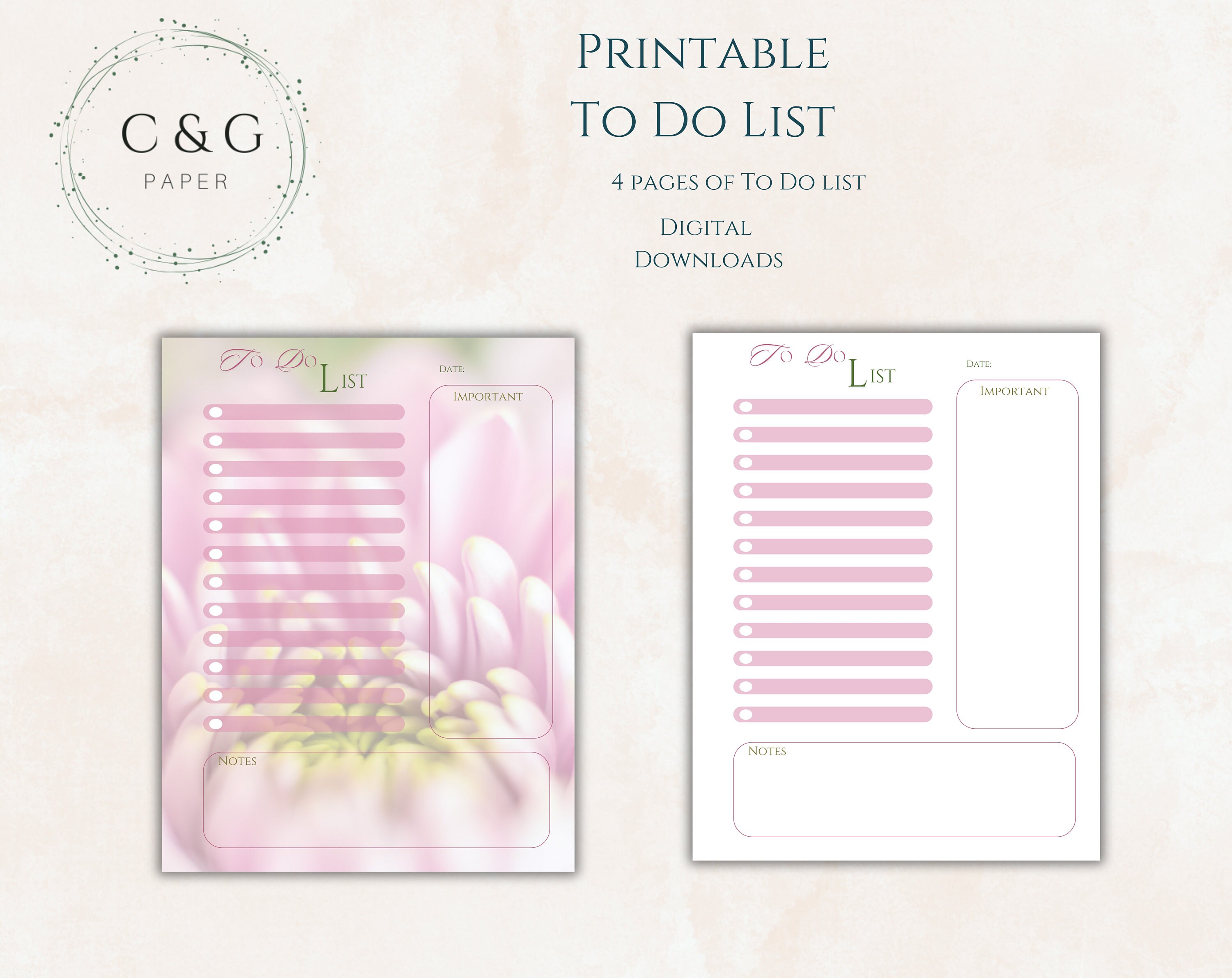 Pink Flower Digital To-do List Printable Set | 4 Pages | PDF & JPEG ...