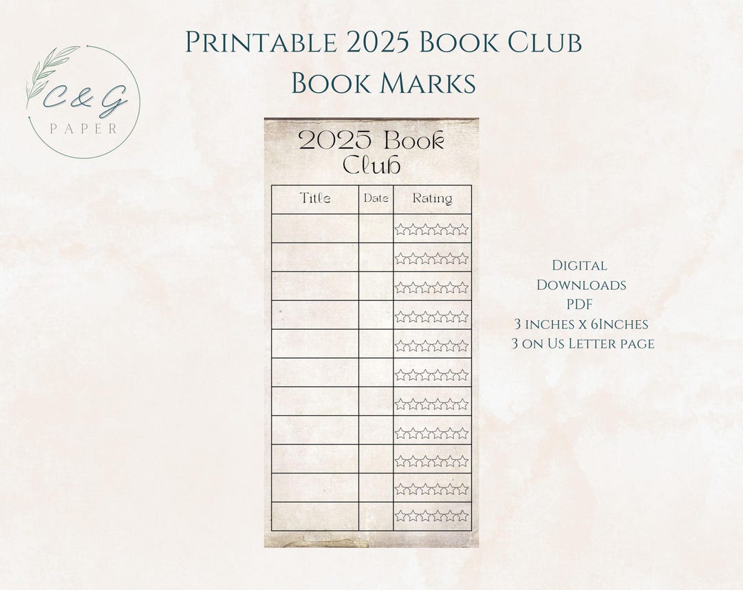Printable 2025 Book Club Bookmark | Vintage Book Page Design | 5-star ...