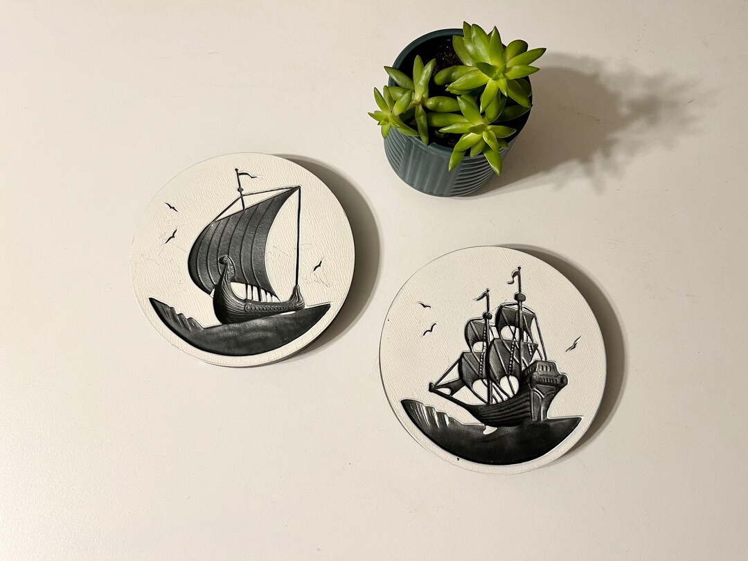 Vintage Set of 2 Chalkware Pirate Ship Wall Plaques - Mid Century Wall ...