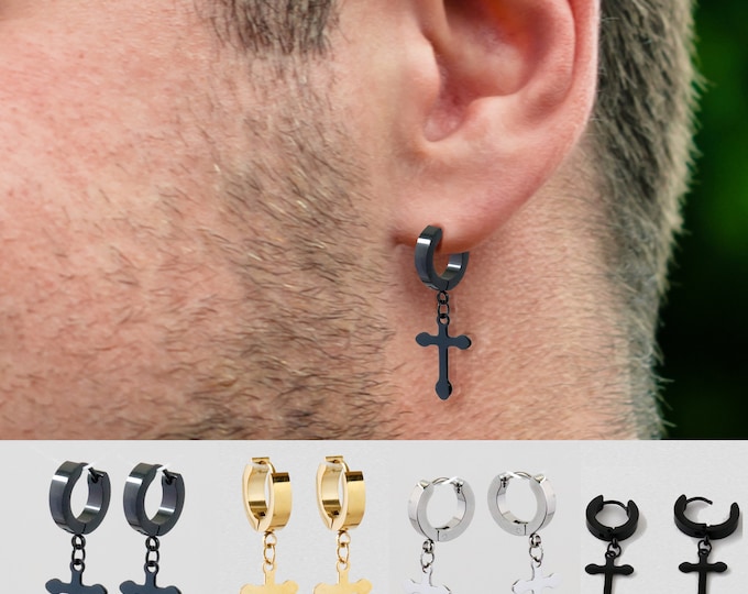 Gold Cross Earring for Men, Cross Hoop Earring, Clip on and Pierced ...