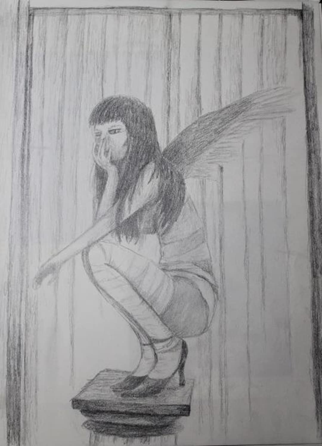 Freehand Drawing of Fallen Angel on Pillar - Etsy