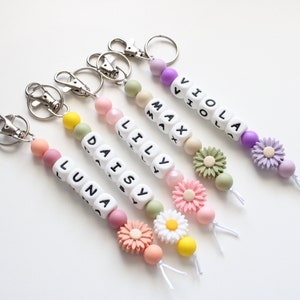Back to School Personalised Keyring, Beaded Keyring, Flower Key Tag ...