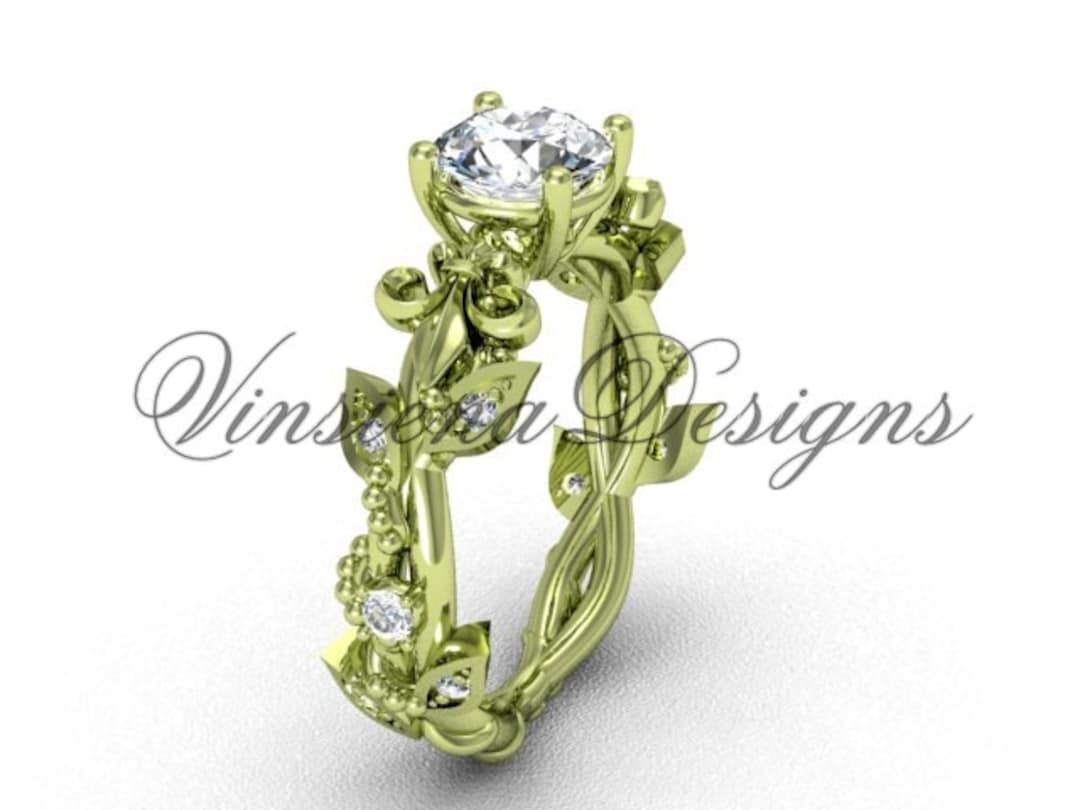 Vine Engagement Ring 14k Yellow Gold Diamond Leaf and Vine Fleur De Lis ...