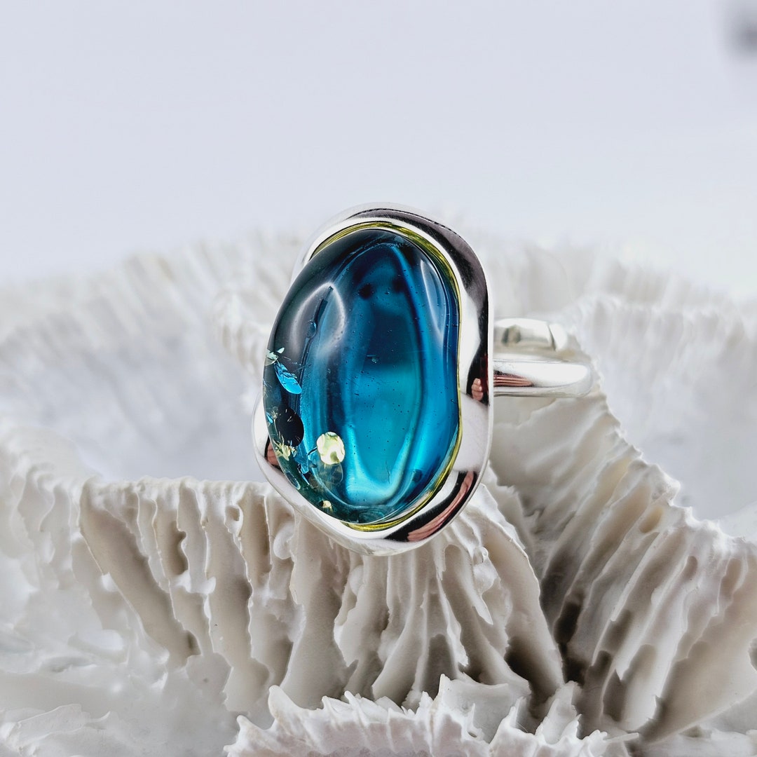 Incredible Huge Blue Amber, Natural Baltic Amber Ring, Unique Amber ...