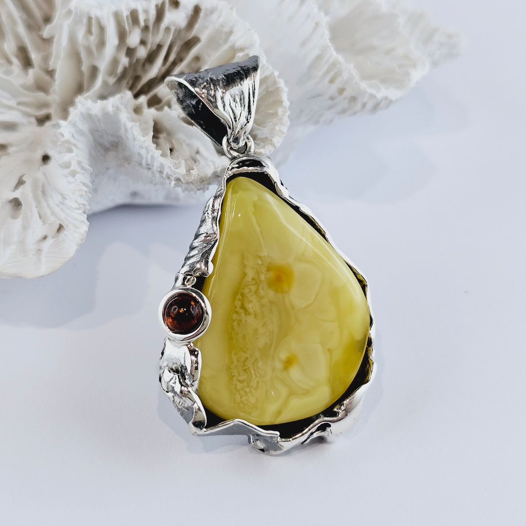 Artistic Yellow Amber Pendant, Natural Baltic Amber and Silver, Genuine ...