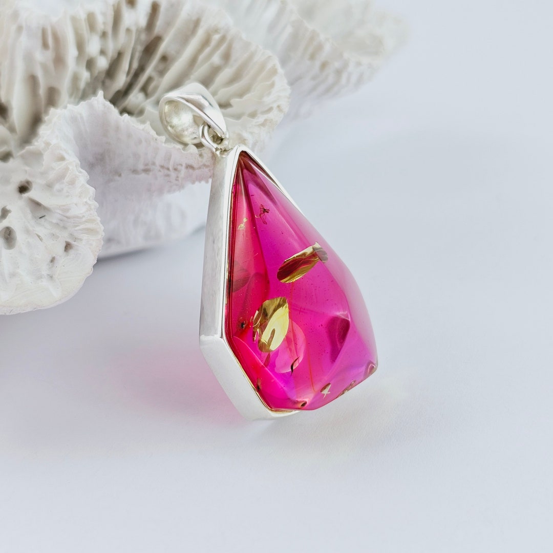 Shiny Pink Amber Pendant, Natural Baltic Amber and Silver, Genuine ...