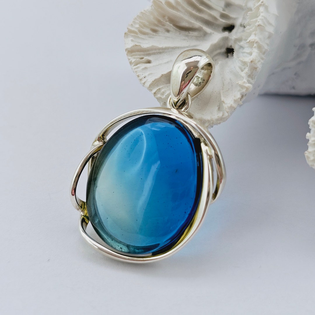 Shiny Blue Amber Pendant, Natural Baltic Amber and Silver, Genuine ...