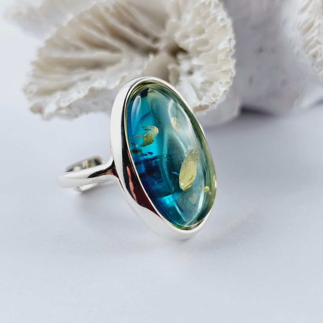 Adjustable Light Blue Baltic Amber Sterling Silver Ring, 925 Silver ...