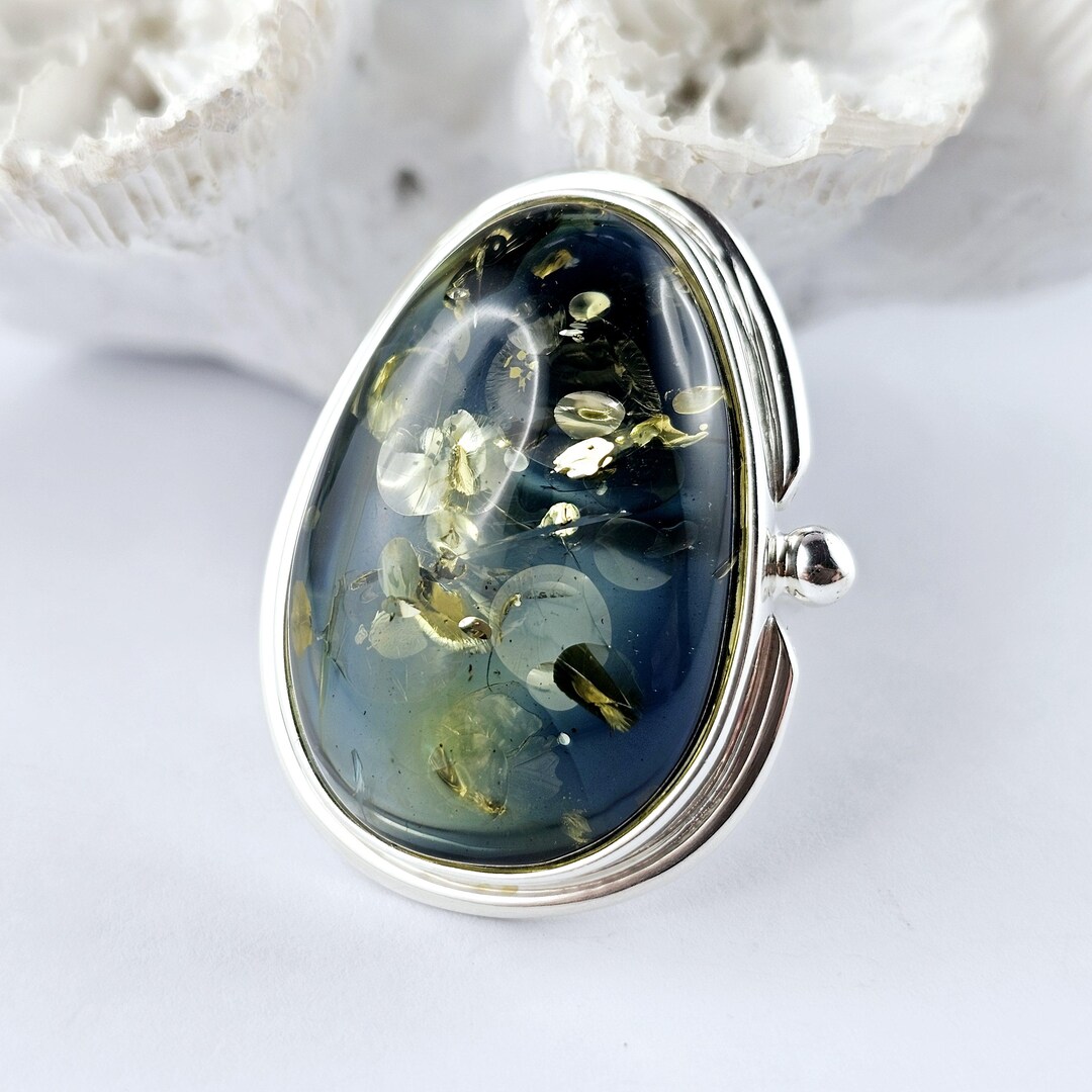 Huge Blue Baltic Amber Ring, Sterling Silver, Adjustable Band, 925 ...