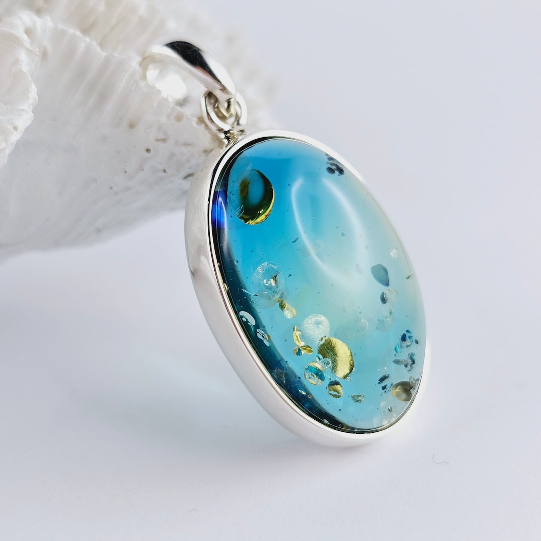 Shiny Blue Amber Pendant, Natural Baltic Amber and Silver, Genuine ...