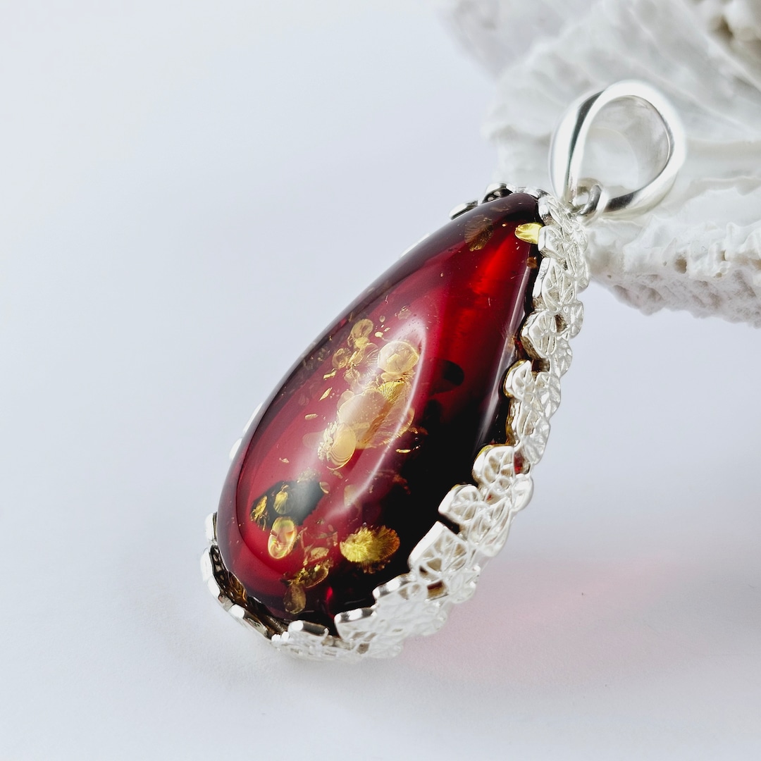 Shiny Red Amber Pendant, Natural Baltic Amber and Silver, Genuine Amber ...