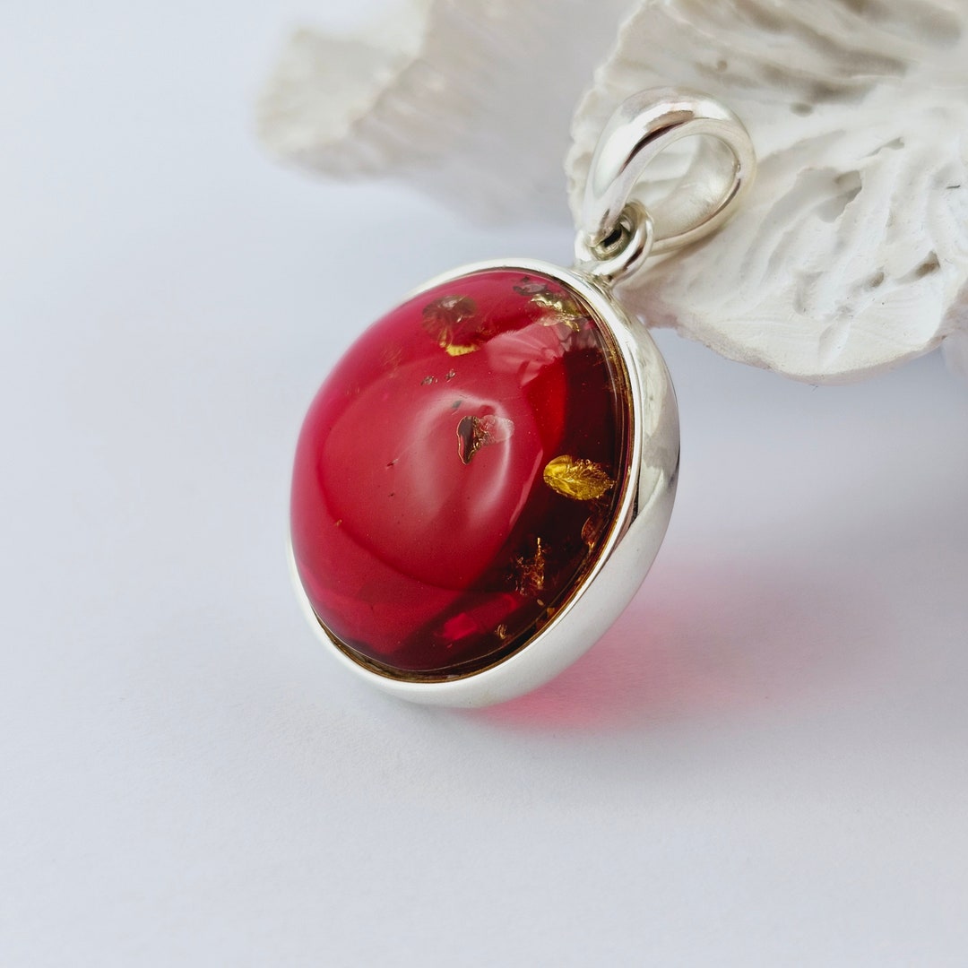 Shiny Pink Amber Pendant, Natural Baltic Amber and Silver, Genuine ...