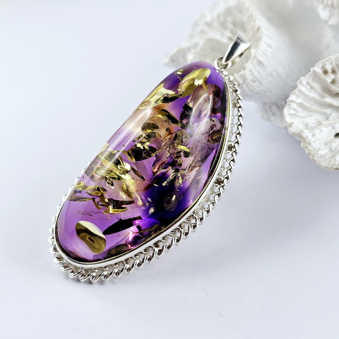 Shiny Violet Amber Pendant, Natural Baltic Amber and Silver, Genuine ...