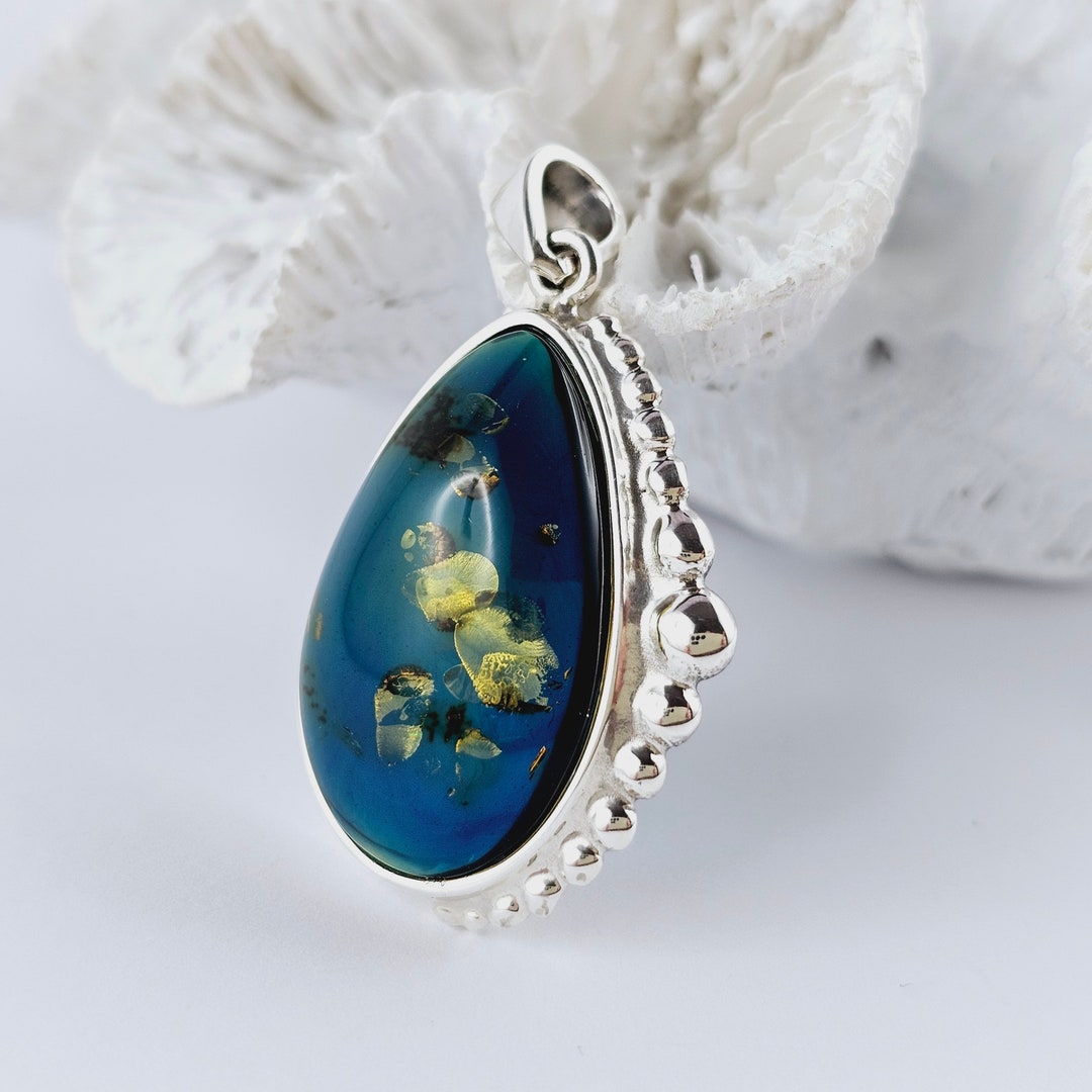 Shiny Blue Amber Pendant, Natural Baltic Amber and Silver, Genuine ...