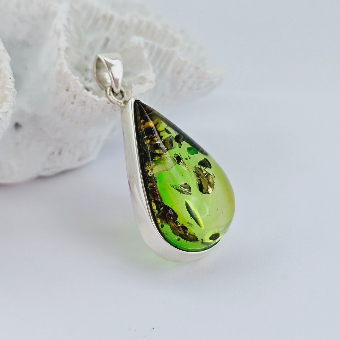 Amazing Green Amber Pendant, Natural Baltic Amber and Silver, Genuine ...