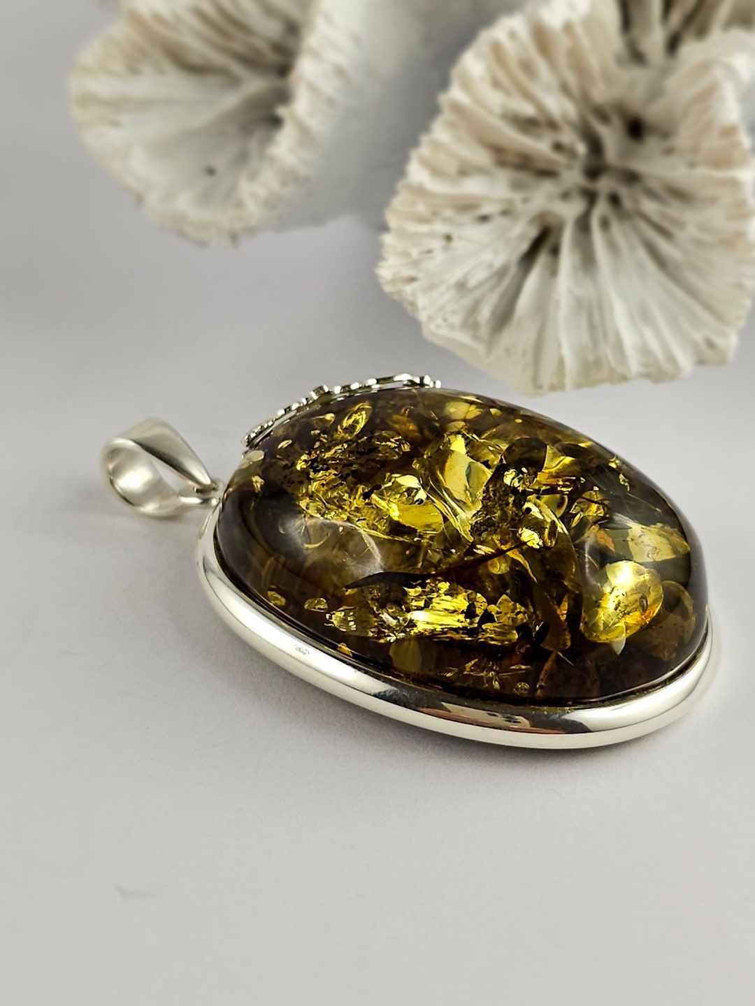 Shiny Green Black Amber Pendant Natural Baltic Amber and - Etsy