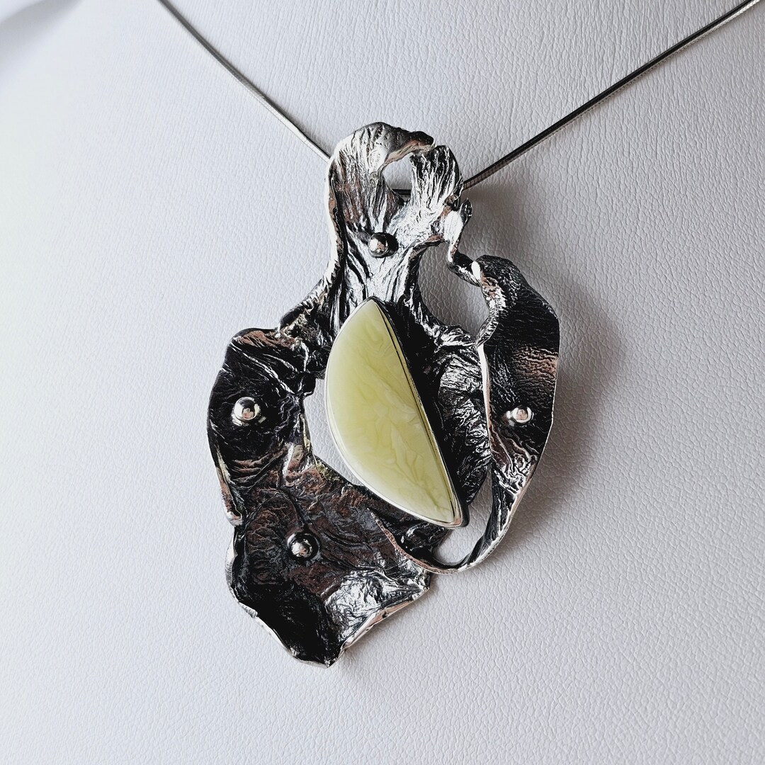 Artistic Milky and White Amber Pendant, Natural Baltic Amber and Silver ...