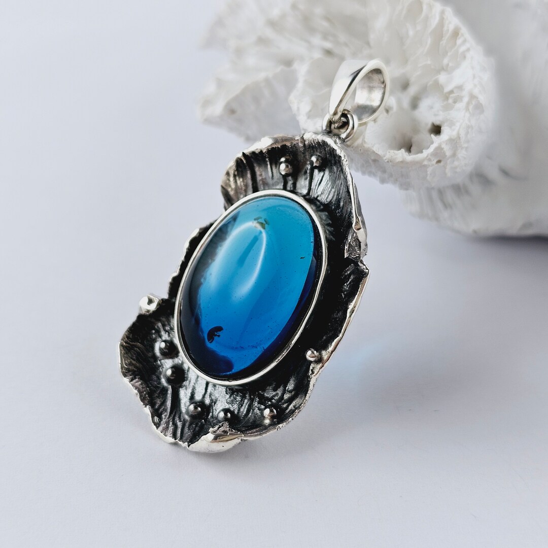 Amazing Deep Blue Amber Pendant, Natural Baltic Amber and Silver ...