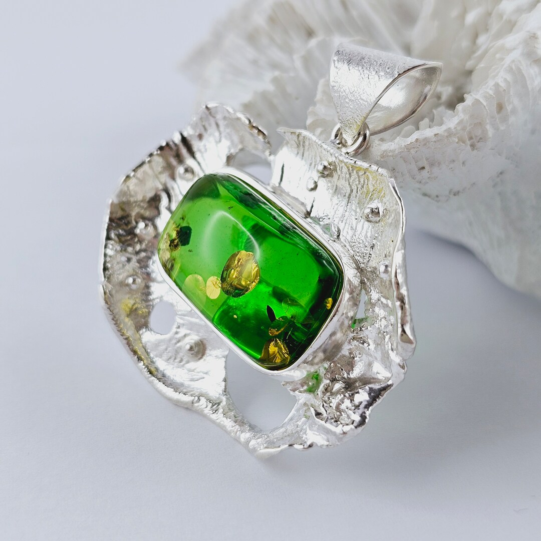 Amazing Green Amber Pendant, Natural Baltic Amber and Silver, Genuine ...