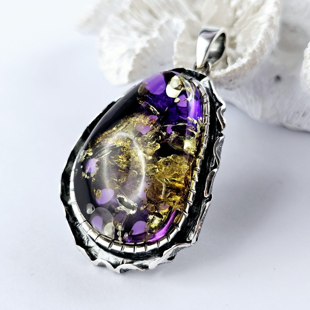 Shiny Violet Amber Pendant, Natural Baltic Amber and Silver, Genuine ...