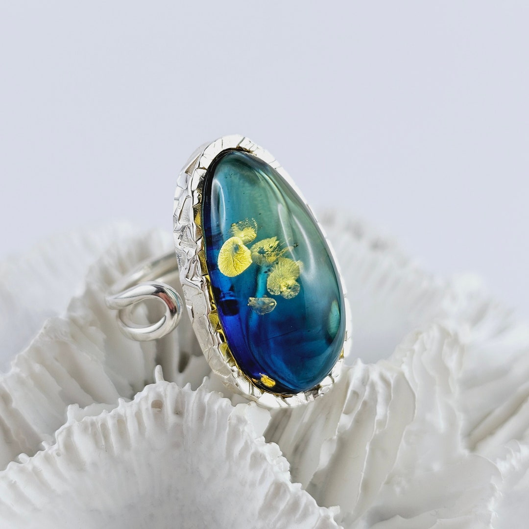 Majestic Blue Amber Ring, Natural Baltic Amber Ring, Unique Amber Ring ...