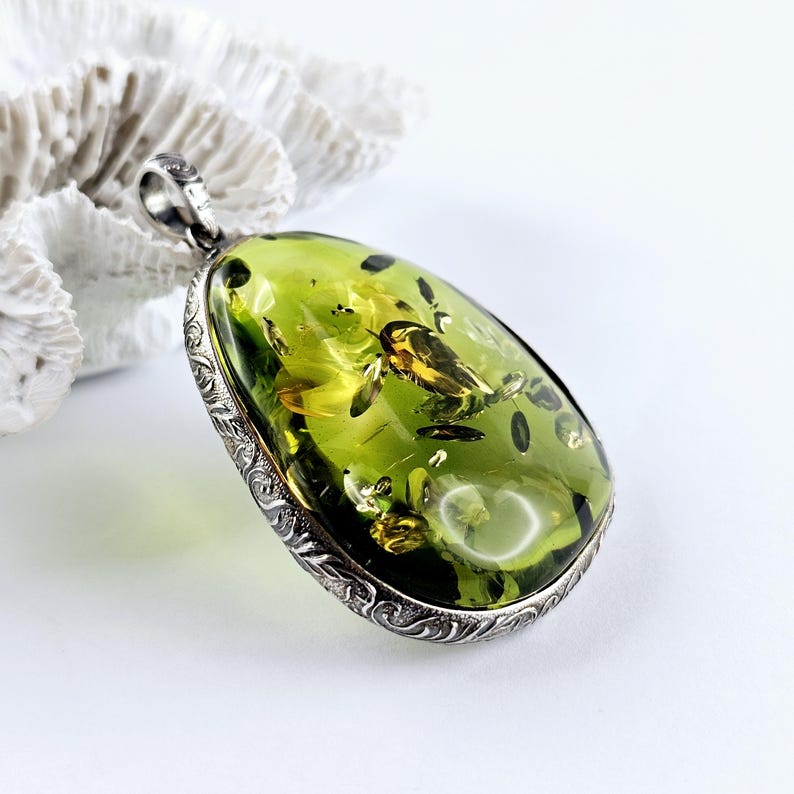 Green Baltic Amber Pendant, Sterling Silver, Unique Amber Jewelry, 925 ...