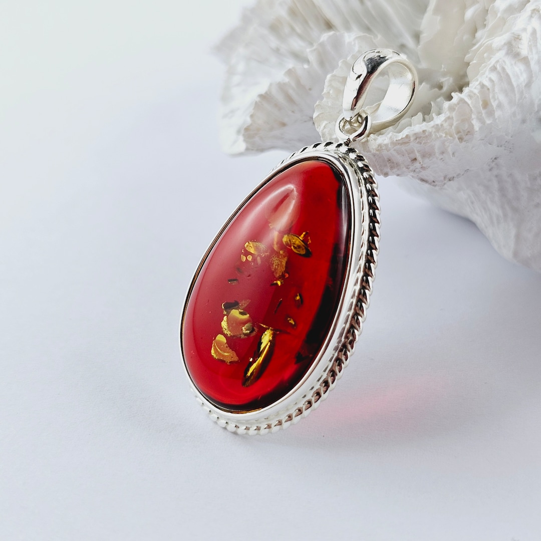 Shiny Red Amber Pendant, Natural Baltic Amber and Silver, Genuine Amber ...