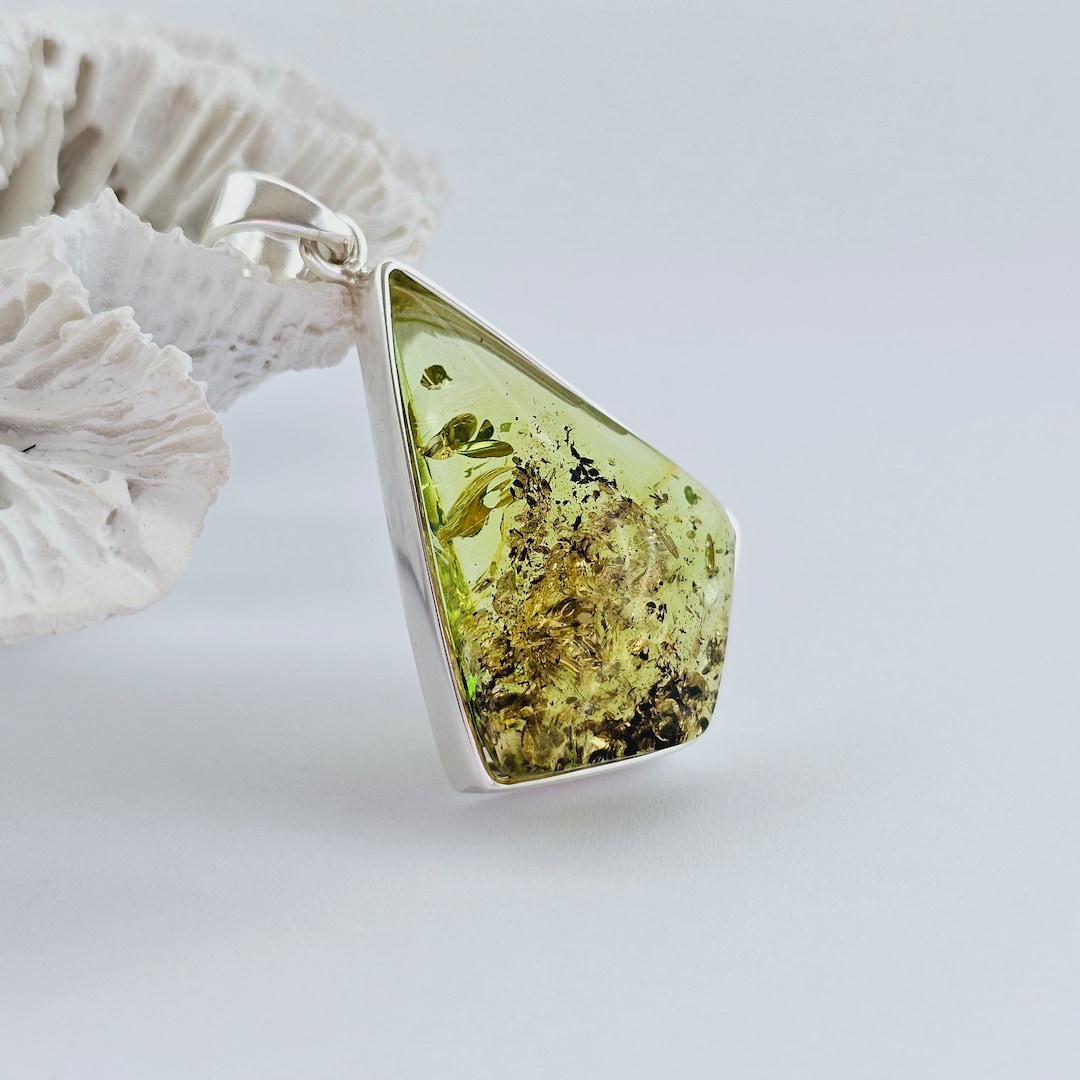 Amazing Green Amber Pendant, Natural Baltic Amber and Silver, Genuine ...