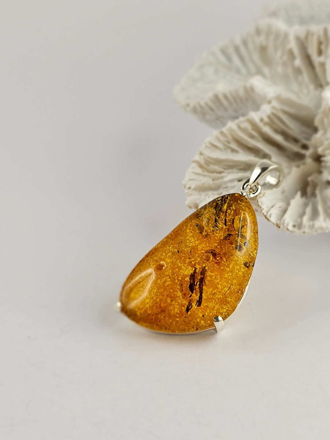 Shiny Orange Amber Pendant With Blade of Grass, Natural Baltic Amber ...