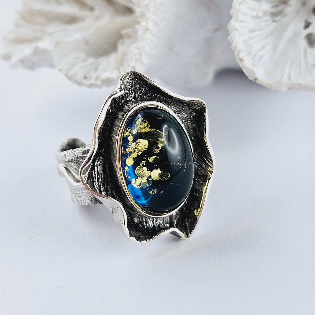 Incredible Huge Blue Amber, Natural Baltic Amber Ring, Unique Amber ...