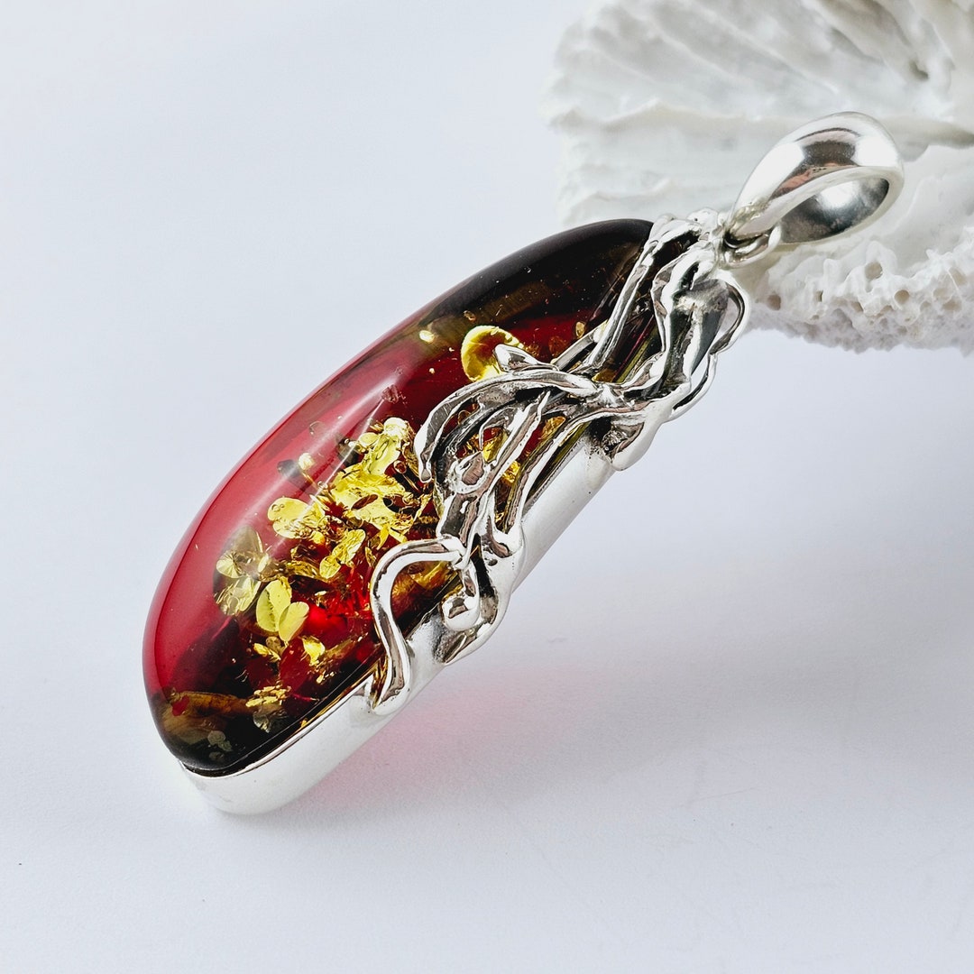 Shiny Red Amber Pendant, Natural Baltic Amber and Silver, Genuine Amber ...