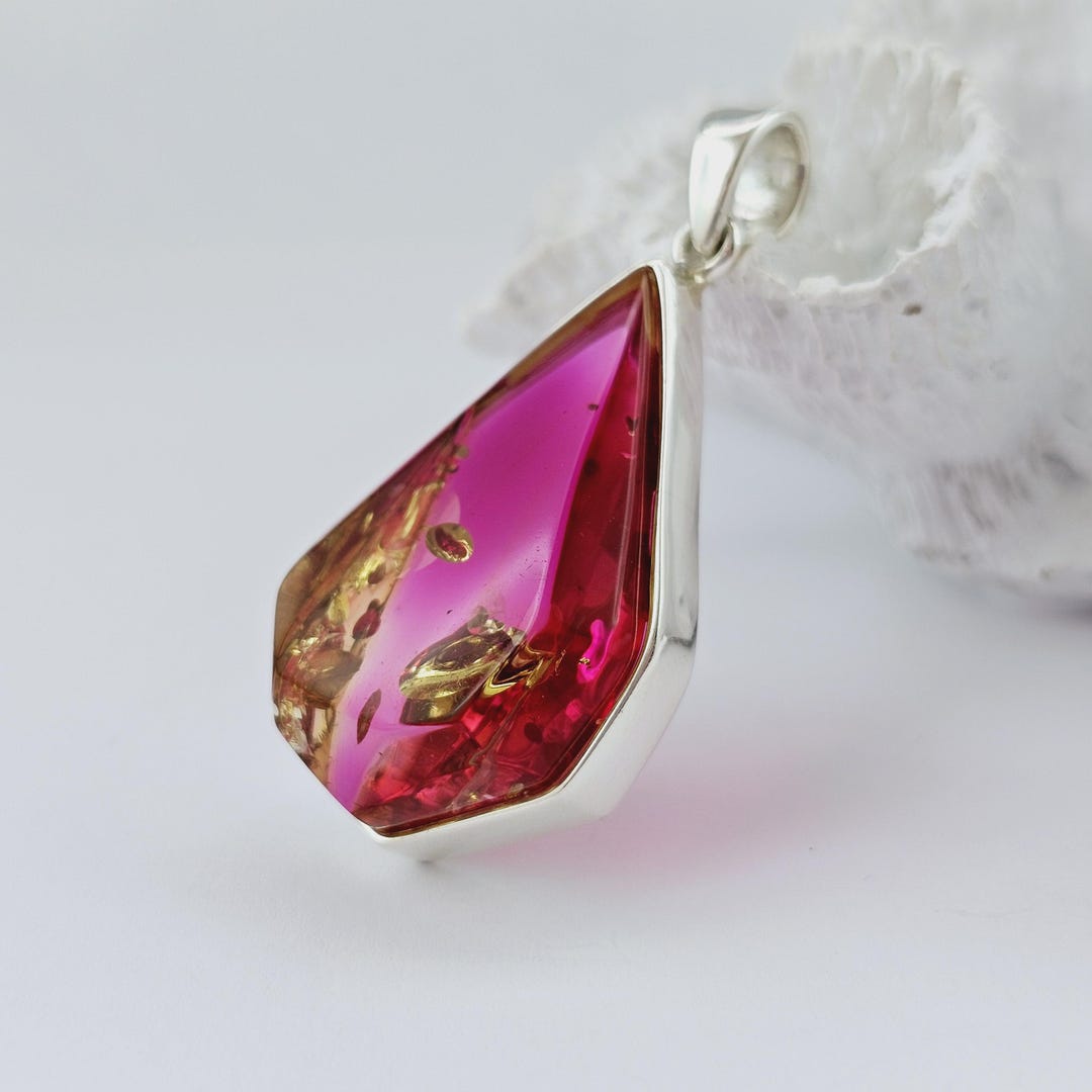Shiny Pink Amber Pendant, Natural Baltic Amber and Silver, Genuine ...