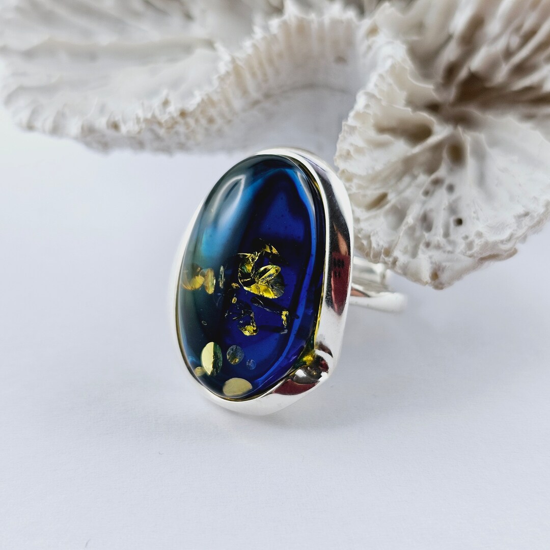 Incredible Huge Blue Amber, Natural Baltic Amber Ring, Unique Amber ...