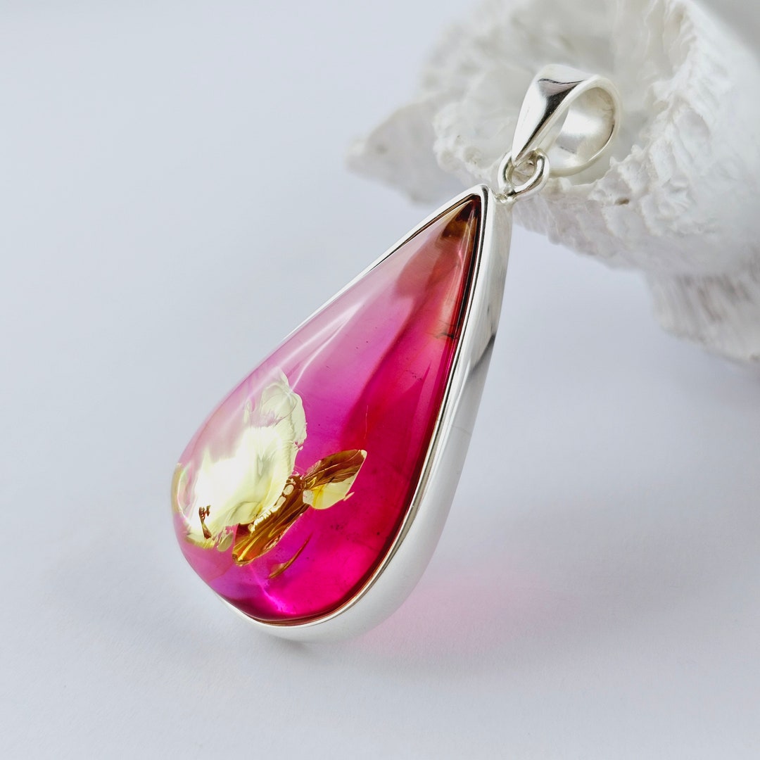 Shiny Pink Amber Pendant, Natural Baltic Amber and Silver, Genuine ...