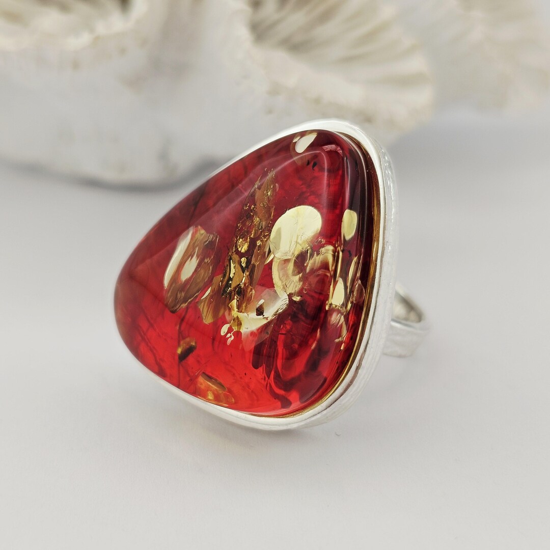 Red Baltic Amber Sterling Silver Ring, Adjustable Size, 925 Silver, Sea ...