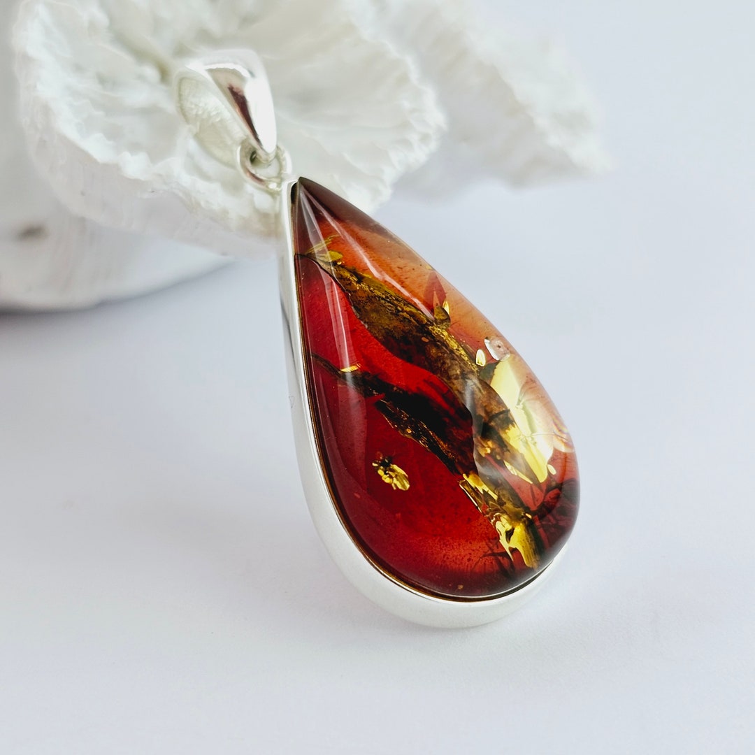Shiny Red Amber Pendant, Natural Baltic Amber and Silver, Genuine Amber ...