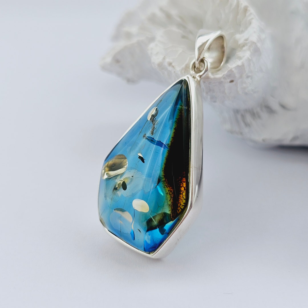Shiny Blue Amber Pendant, Natural Baltic Amber and Silver, Genuine ...