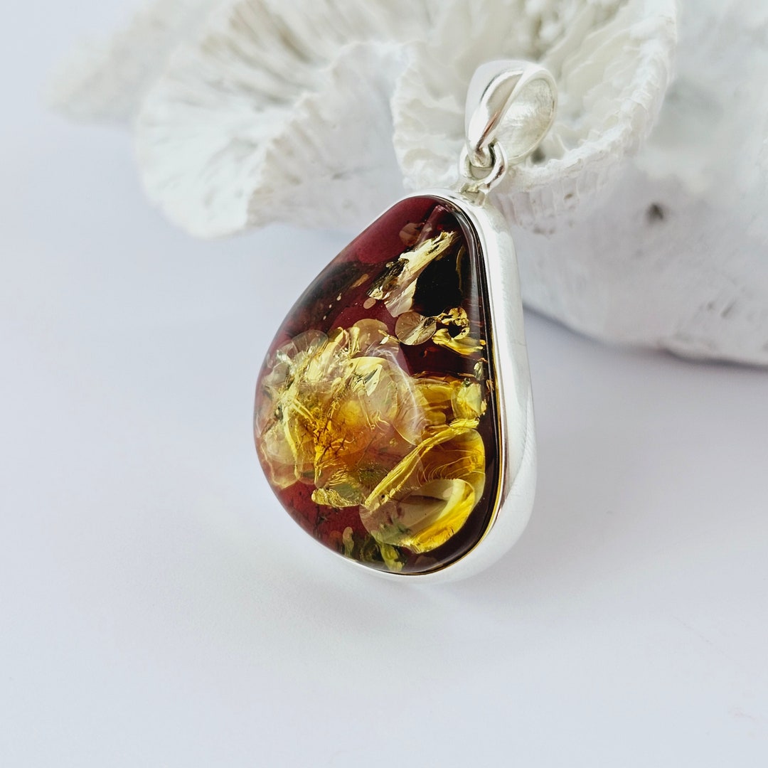 Shiny Red Amber Pendant, Natural Baltic Amber and Silver, Genuine Amber ...