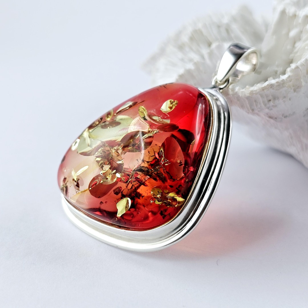 Shiny Red Amber Pendant, Natural Baltic Amber and Silver, Genuine Amber ...