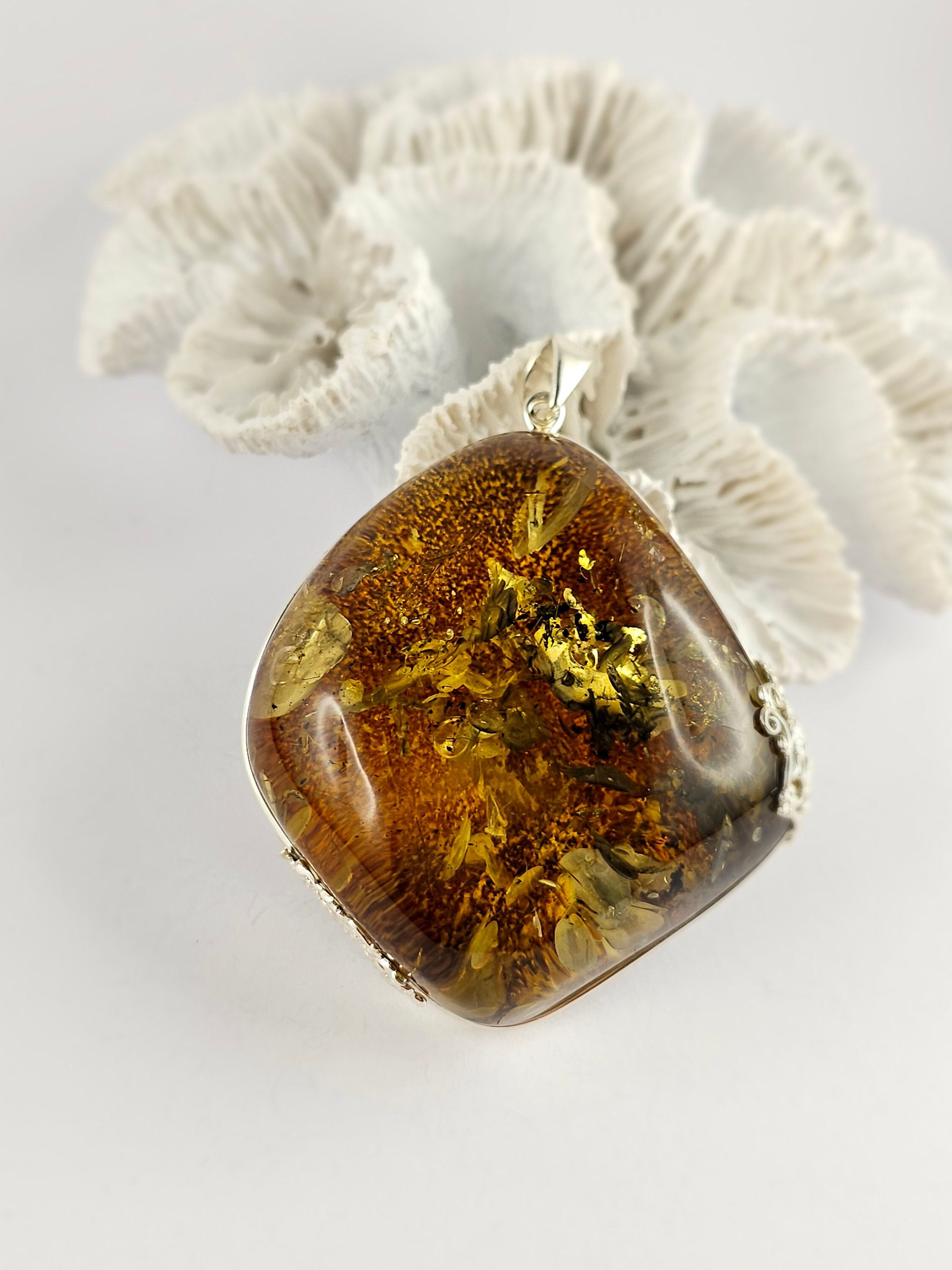 Huge Elegant Shiny Lemon Amber Pendant, Natural Baltic Amber and Silver ...