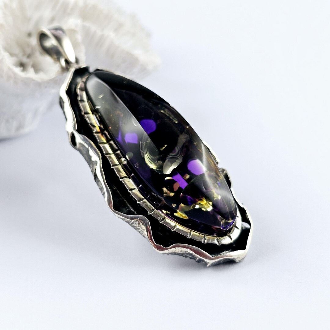 Shiny Violet Amber Pendant, Natural Baltic Amber and Silver, Genuine ...
