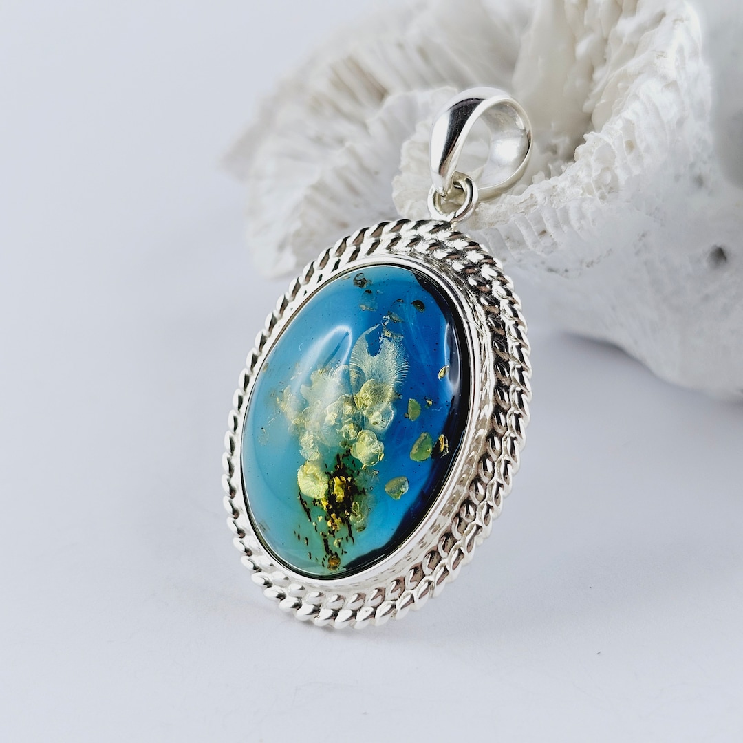 Shiny Blue Amber Pendant, Natural Baltic Amber and Silver, Genuine ...