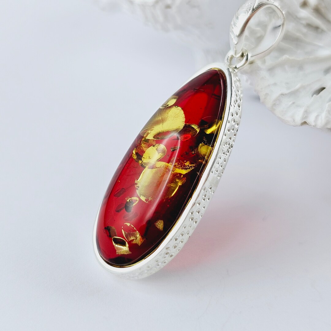 Shiny Red Amber Pendant, Natural Baltic Amber and Silver, Genuine Amber ...