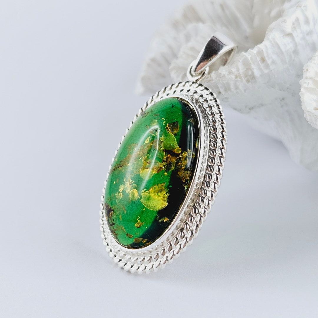 Amazing Green Amber Pendant, Natural Baltic Amber and Silver, Genuine ...